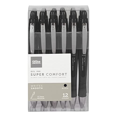 Office Depot Super Comfort Grip Retractable Gel Pens, Medium Point, 0.7 mm, Black Barrel, Black Ink, Pack of 12