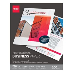 office depot professional brochure and flyer paper, glossy, 8 1/2in. x 11in., 50 lb, pack of 100 sheets, 124213