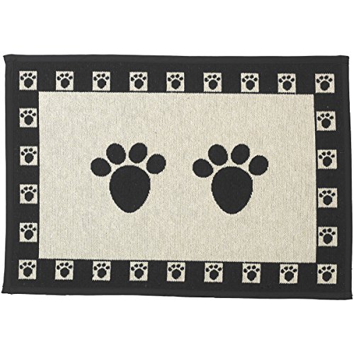 PetRageous 10209 Paws Tapestry Dog Non-Skid Machine Washable Placemat for Pet Feeding Stations with Rubber Backing 13-Inch by 19-Inch for Dogs and Cats, Black and Natural