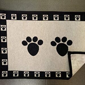 PetRageous 10209 Paws Tapestry Dog Non-Skid Machine Washable Placemat for Pet Feeding Stations with Rubber Backing 13-Inch by 19-Inch for Dogs and Cats, Black and Natural