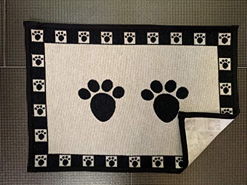 PetRageous 10209 Paws Tapestry Dog Non-Skid Machine Washable Placemat for Pet Feeding Stations with Rubber Backing 13-Inch by 19-Inch for Dogs and Cats, Black and Natural