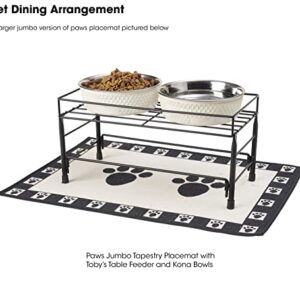 PetRageous 10209 Paws Tapestry Dog Non-Skid Machine Washable Placemat for Pet Feeding Stations with Rubber Backing 13-Inch by 19-Inch for Dogs and Cats, Black and Natural