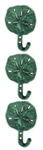 sand dollar shell wall hooks hangers cast iron antique green verdigris - set of 3