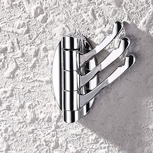 KES Solid Metal Swivel Hook Heavy Duty Folding Swing Arm Triple Coat Hook with Multi Three Foldable Arms Towel Clothes Hanger for Bathroom Kitchen Garage Wall Mount Polished Chrome, A5060