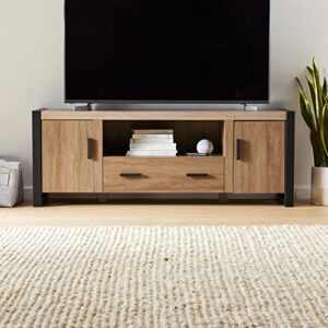 Walker Edison Industrial Modern Wood Universal TV Stand with Cabinet Doors and Open Shelves for TV's up to 64" Flat Screen Living Room Storage Entertainment Center, 60 Inch, Driftwood