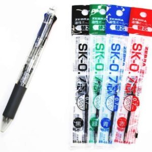 Zebra B4sa1 Clip-on Multi Multifunctional Pen (0.7mm Black, Blue, Red and Green + 0.5mm Mechanical Pencil) - Transparent Barrel & 4colors Ink Pens Refills Value set(with Our Shop Original Description of Goods)