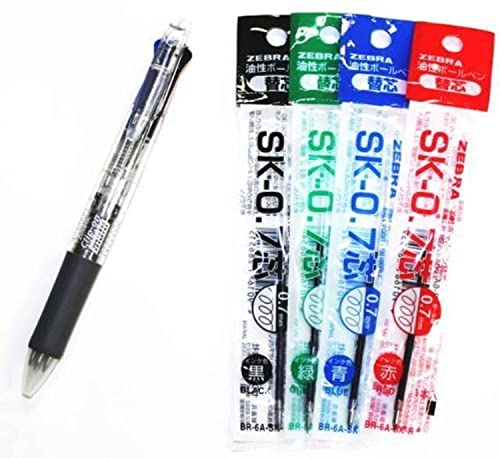 Zebra B4sa1 Clip-on Multi Multifunctional Pen (0.7mm Black, Blue, Red and Green + 0.5mm Mechanical Pencil) - Transparent Barrel & 4colors Ink Pens Refills Value set(with Our Shop Original Description of Goods)