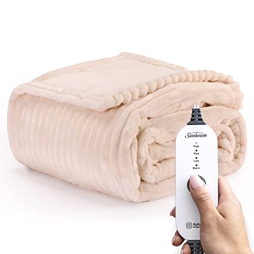 Sunbeam Royal Posh Ribbed Champagne Heated Personal Throw / Blanket, Cozy-Warm, Adjustable Heat Settings