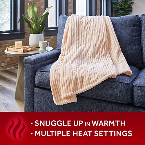 Sunbeam Royal Posh Ribbed Champagne Heated Personal Throw / Blanket, Cozy-Warm, Adjustable Heat Settings