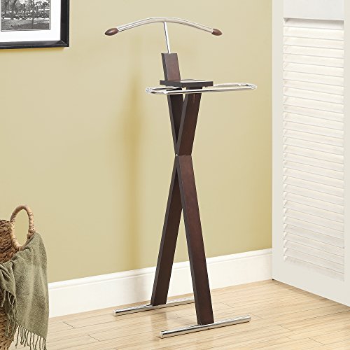 Monarch Specialties 2024 Valet Stand, Organizer, Suit Rack, Bedroom, Wood, Metal, Brown, Chrome, Contemporary, Modern Accent Espresso, 21" L x 14.25" W x 42.5" H, Cappuccino