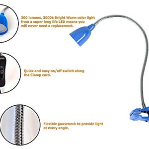 Newhouse Lighting NHCLP-LED-BLU Blue Metal Flexible Clamp-Style LED Goose Neck Desk Lamp in 3000K Warm White Color Temperature with Power Adapter and 6 ft. Power Cord