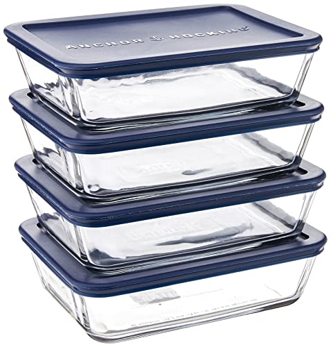 Anchor Hocking 6-Cup Rectangular Food Storage Containers with Blue Plastic Lids, Pack of 4