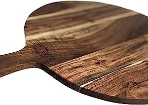 Mountain Woods Hand Crafted Large Acacia Wood Pizza Peel Charcuterie Board Artisanal Baking Board Cutting Board Serving Tray Paddle Serving Boards with Handle for Food, Fruits, Vegetables & Cheese Presentations - 21.25" x 16" x 0.625" (1)