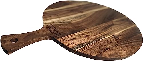 Mountain Woods Hand Crafted Large Acacia Wood Pizza Peel Charcuterie Board Artisanal Baking Board Cutting Board Serving Tray Paddle Serving Boards with Handle for Food, Fruits, Vegetables & Cheese Presentations - 21.25" x 16" x 0.625" (1)