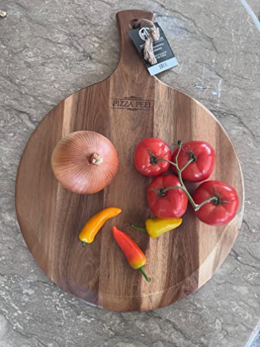 Mountain Woods Hand Crafted Large Acacia Wood Pizza Peel Charcuterie Board Artisanal Baking Board Cutting Board Serving Tray Paddle Serving Boards with Handle for Food, Fruits, Vegetables & Cheese Presentations - 21.25" x 16" x 0.625" (1)