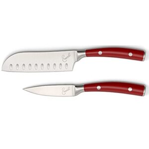 emeril lagasse 2 piece knife set 5" santoku 3.5" paring knife forged steel clad emerilware (red)