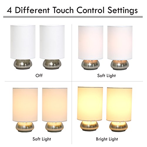 Simple Designs LT2016-IVY-2PK 9" Gemini 2 Pack Contemporary 4 Settings Touch Metal Mini Round Table Lamp Set with Fabric Shades for Home Décor, Nightstand, End Table, Bedroom, Living Room, Office, Foyer, Brushed Nickel and Ivory