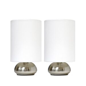 Simple Designs LT2016-IVY-2PK 9" Gemini 2 Pack Contemporary 4 Settings Touch Metal Mini Round Table Lamp Set with Fabric Shades for Home Décor, Nightstand, End Table, Bedroom, Living Room, Office, Foyer, Brushed Nickel and Ivory