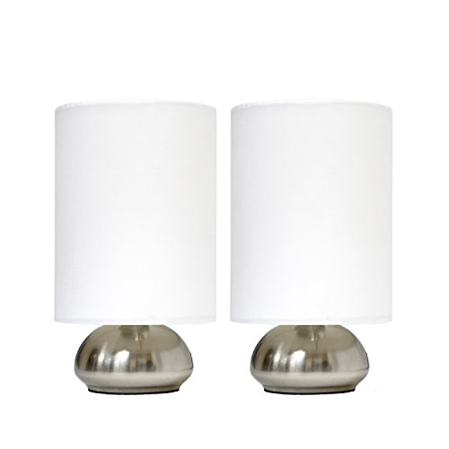 Simple Designs LT2016-IVY-2PK 9" Gemini 2 Pack Contemporary 4 Settings Touch Metal Mini Round Table Lamp Set with Fabric Shades for Home Décor, Nightstand, End Table, Bedroom, Living Room, Office, Foyer, Brushed Nickel and Ivory