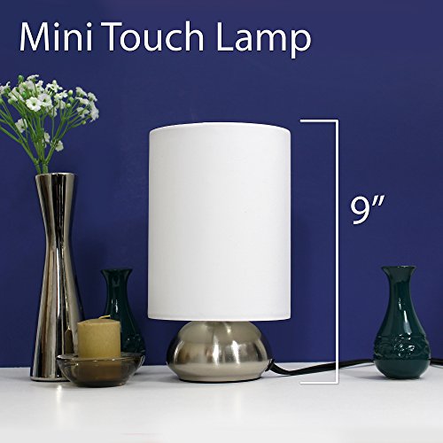 Simple Designs LT2016-IVY-2PK 9" Gemini 2 Pack Contemporary 4 Settings Touch Metal Mini Round Table Lamp Set with Fabric Shades for Home Décor, Nightstand, End Table, Bedroom, Living Room, Office, Foyer, Brushed Nickel and Ivory