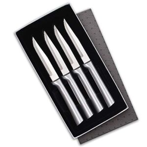 rada cutlery serrated steak knife set stainless steel knives with brushed aluminum, set of 4, 7 3/4, silver handle