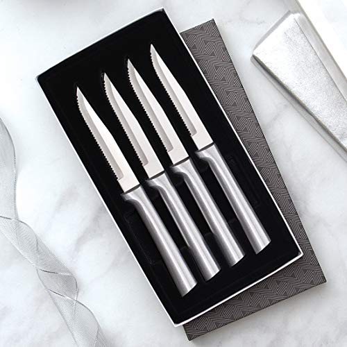 Rada Cutlery Serrated Steak Knife Set Stainless Steel Knives with Brushed Aluminum, Set of 4, 7 3/4, Silver Handle