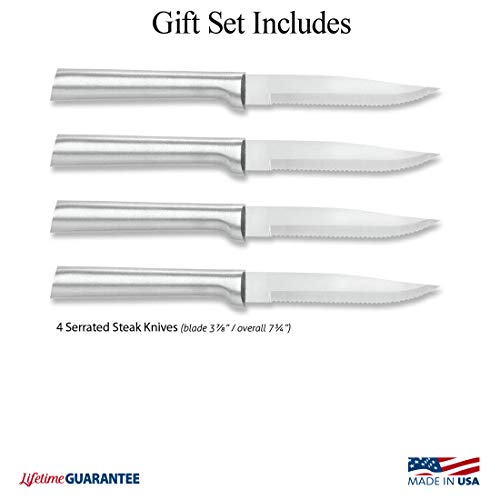 Rada Cutlery Serrated Steak Knife Set Stainless Steel Knives with Brushed Aluminum, Set of 4, 7 3/4, Silver Handle