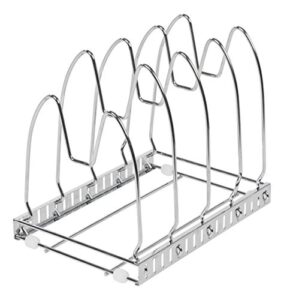 iris usa 12" five-tier cookware organizer, pot and pan organizer rack, countertop and under cabinet organizer, adjustable, rubber feet prevent scratches, silver