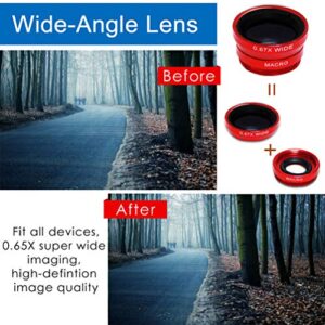 KINGMAS 3 in 1 Universal Fish Eye & Macro Clip Camera Lens Kit for iPad iPhone 7 6 5 Samsung BlackBerry HTC and Most Smartphones (Red)