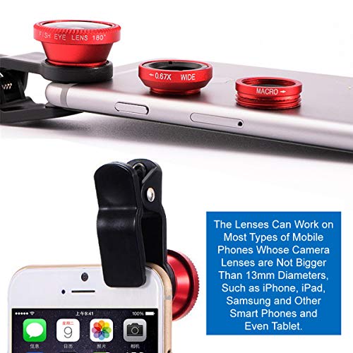 KINGMAS 3 in 1 Universal Fish Eye & Macro Clip Camera Lens Kit for iPad iPhone 7 6 5 Samsung BlackBerry HTC and Most Smartphones (Red)