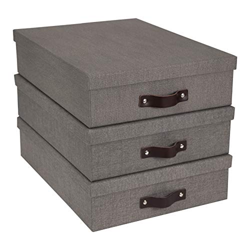 Bigso Oskar Canvas Fiberboard Document Letter Box | File Organizer Document Box for Important Paperwork | Document Storage Box with a Lid & Leather Handle | 3.3″x10.2″x13.8″ | Gray