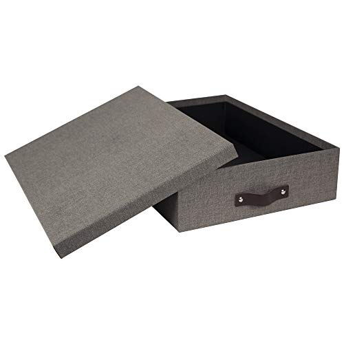 Bigso Oskar Canvas Fiberboard Document Letter Box | File Organizer Document Box for Important Paperwork | Document Storage Box with a Lid & Leather Handle | 3.3″x10.2″x13.8″ | Gray