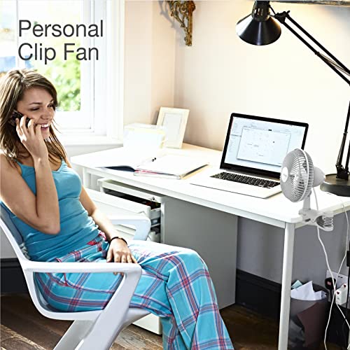 Lasko Clip Fan, 2 Quiet Speeds, 360 Degree Pivot, Portable for Office, Bedroom, Kitchen, 6", White, 2004W