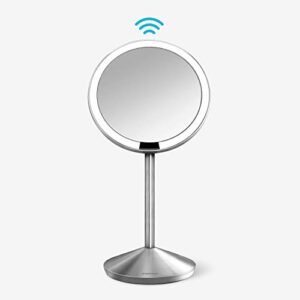 simplehuman floor mount 5" round rechargeable mini travel sensor makeup mirror, 10x magnification, brushed stainless steel