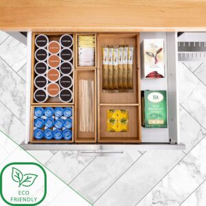 Seville Classics Bamboo Premium Organizer Storage Bins for Kitchen Silverware, Pantry, Closet, Office Desk, Pens, Utensils, Makeup, K Cup, Bamboo, Bin Set w/Dividers (5 Piece)