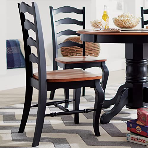 Home Styles French Countryside Oak and Black Pair of Dining Chairs with Distressed Oak Contoured Seat, Rubbed Black Finish, and French Leg Design