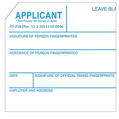 Crime Scene Fingerprint Cards, Applicant FD-258 (250 Pack)