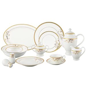 lorren home trends la luna bone china 57-piece 24k gold floral design dinnerware set, service for 8