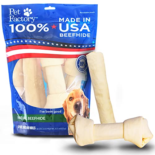 Pet Factory 100% Made in USA Beefhide 8-9" Assorted (Bones & Rolls) Dog Chew Treats - Natural Flavor, 6 Count/1 Pack