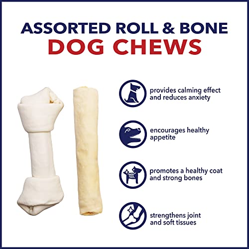 Pet Factory 100% Made in USA Beefhide 8-9" Assorted (Bones & Rolls) Dog Chew Treats - Natural Flavor, 6 Count/1 Pack