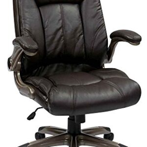 Office Star FL Series Faux Leather Mid-Back Manager's Office Chair with Padded Flip Arms, Espresso with Cocoa Base