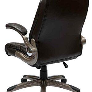 Office Star FL Series Faux Leather Mid-Back Manager's Office Chair with Padded Flip Arms, Espresso with Cocoa Base