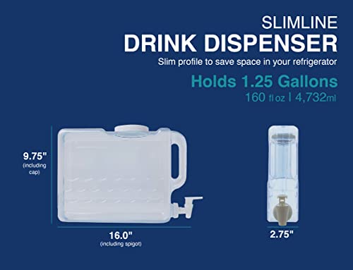 Arrow Slimline Drink Dispenser for Fridge, 1.25 Gallons - Plastic Beverage Dispenser with Spigot for Easy Dispensing - USA Made, BPA Free Plastic - Convenient Handle, Easy-Pour Spout