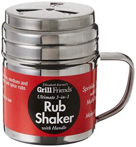 elizabeth karmel’s adjustable dry rub shaker with holes for medium and coarse grind seasonings, stainless steel, 1-cup capacity