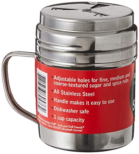 Elizabeth Karmel’s Adjustable Dry Rub Shaker with Holes for Medium and Coarse Grind Seasonings, Stainless Steel, 1-Cup Capacity