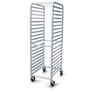 new star foodservice 36527 commercial-grade aluminum 20-tier sheet pan/bun pan rack, 26" l x 20" w x 69" h with brake wheels