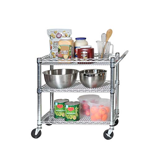 Seville Classics UltraDurable NSF Commercial Heavy Duty Metal Rolling Utility Cart, w/ Steel Shelves, Handle Bar for Restaurant, Garage, Warehouse, Kitchen, Office, Deep Top Basket (34.75"W x 18.25"D)