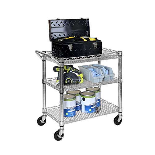 Seville Classics UltraDurable NSF Commercial Heavy Duty Metal Rolling Utility Cart, w/ Steel Shelves, Handle Bar for Restaurant, Garage, Warehouse, Kitchen, Office, Deep Top Basket (34.75"W x 18.25"D)