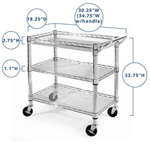 Seville Classics UltraDurable NSF Commercial Heavy Duty Metal Rolling Utility Cart, w/ Steel Shelves, Handle Bar for Restaurant, Garage, Warehouse, Kitchen, Office, Deep Top Basket (34.75"W x 18.25"D)