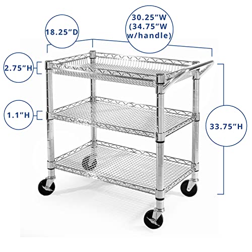 Seville Classics UltraDurable NSF Commercial Heavy Duty Metal Rolling Utility Cart, w/ Steel Shelves, Handle Bar for Restaurant, Garage, Warehouse, Kitchen, Office, Deep Top Basket (34.75"W x 18.25"D)